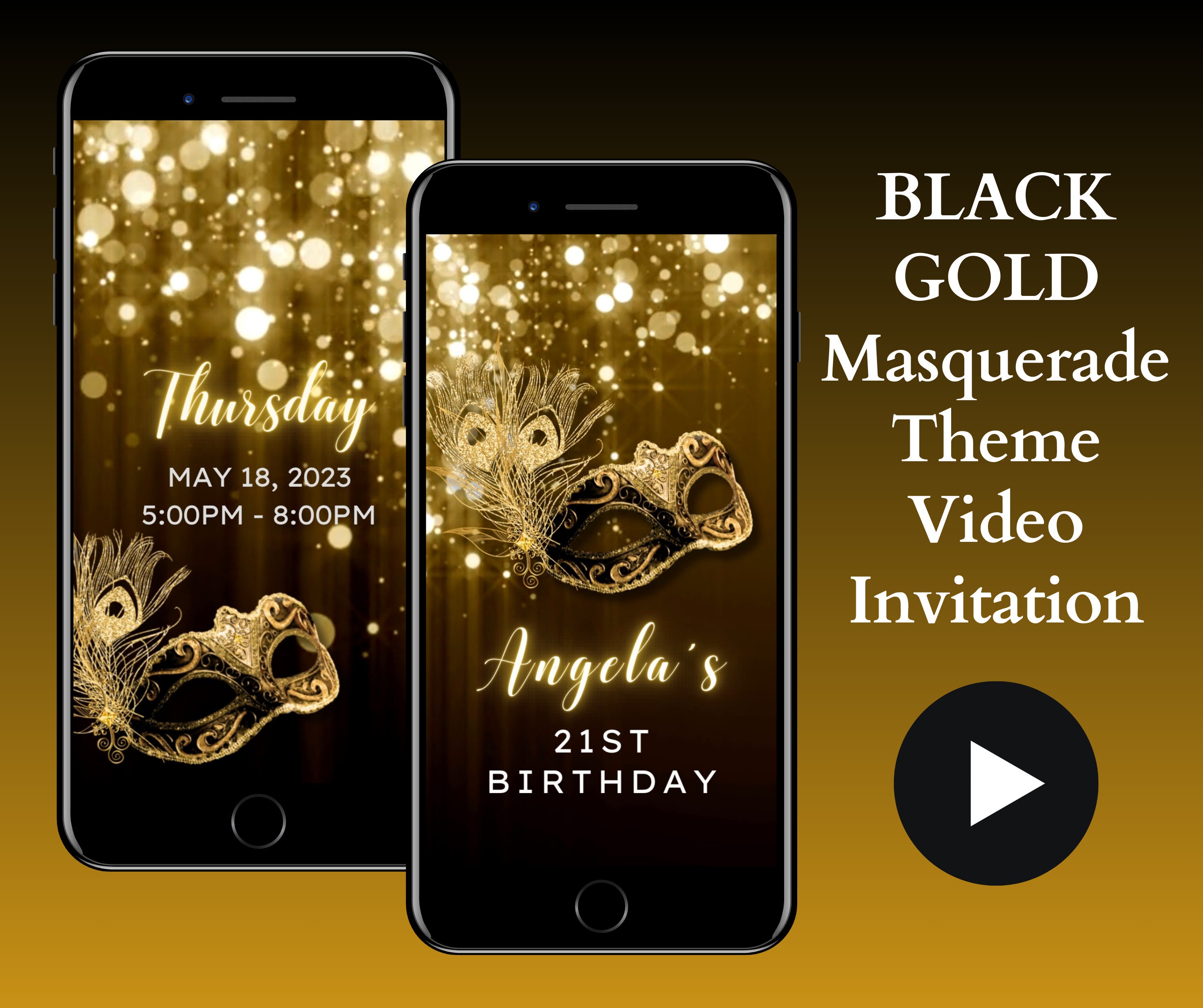 Animated Black Gold Masquerade Theme Birthday Party Video Invitation ...