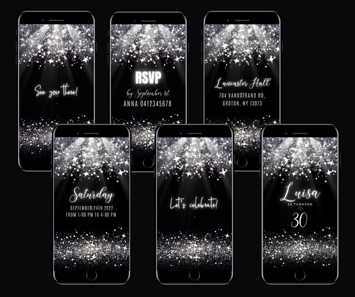 Animated Black Silver Birthday Party Video Invitation, Personalised Evite - Etsy