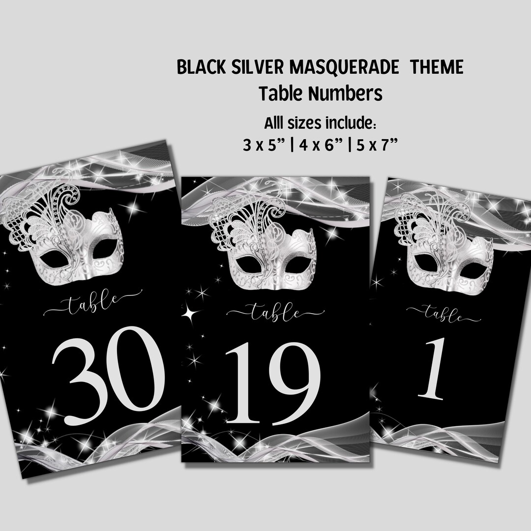 Printable Table Numbers Black Silver Masquerade Theme / Digital File ...