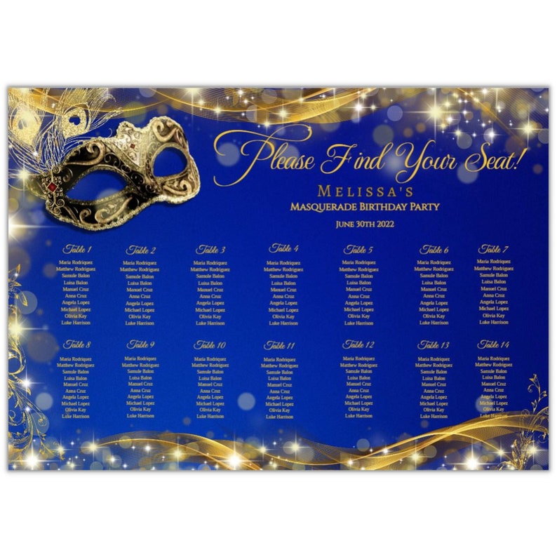 Royal Blue Gold Masquerade Theme Birthday Party Table Seating Sign ...