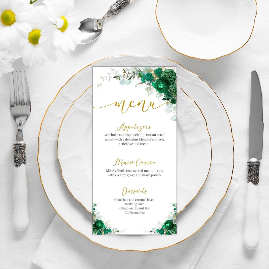 Menu Card Printable Emerald Green Floral Theme Template / Digital File ...