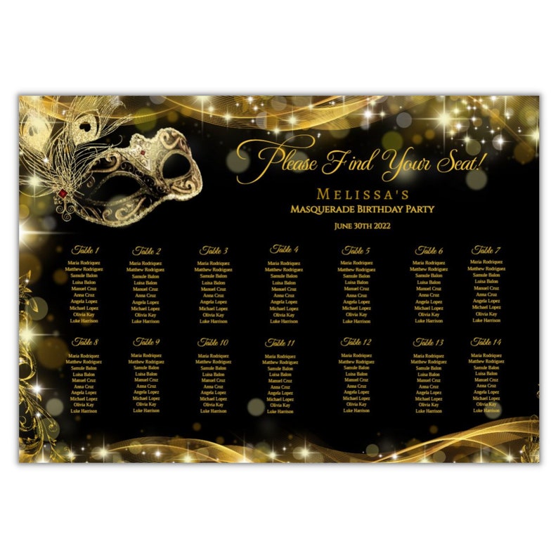 Black Gold Masquerade Theme Birthday Party Table Seating Sign ...