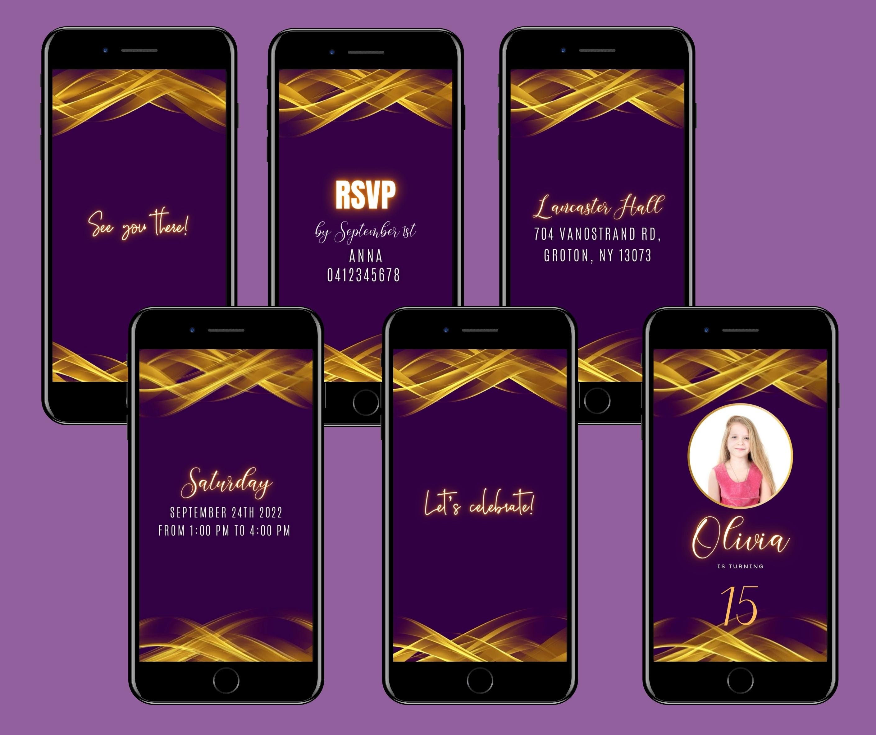 Animated Purple Gold Birthday Party Video Invitation, Personalised ...