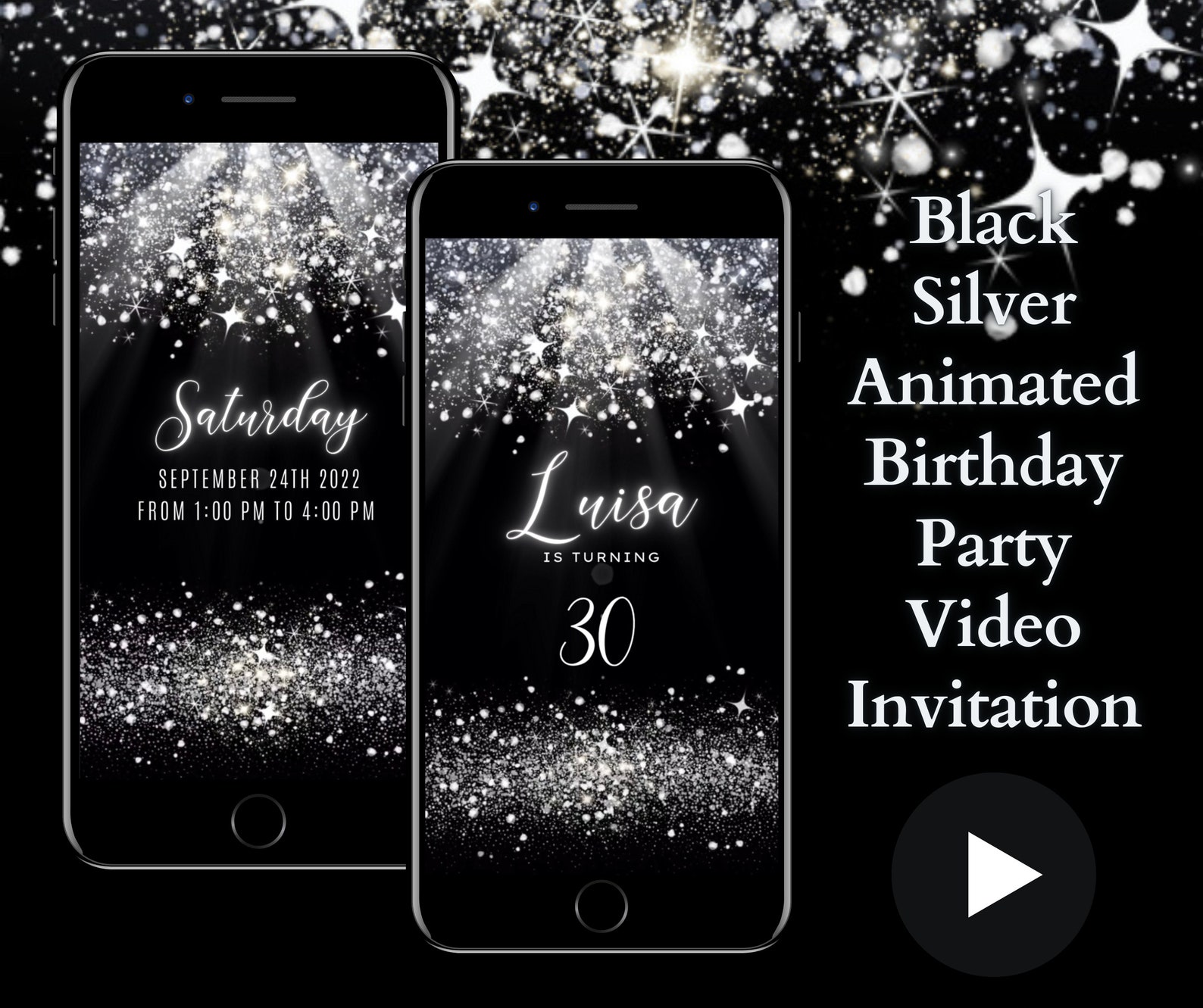 Animated Black Silver Birthday Party Video Invitation, Personalised ...