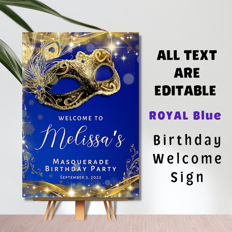Royal Blue Gold Masquerade Theme Birthday Party Welcome Sign | Editable ...