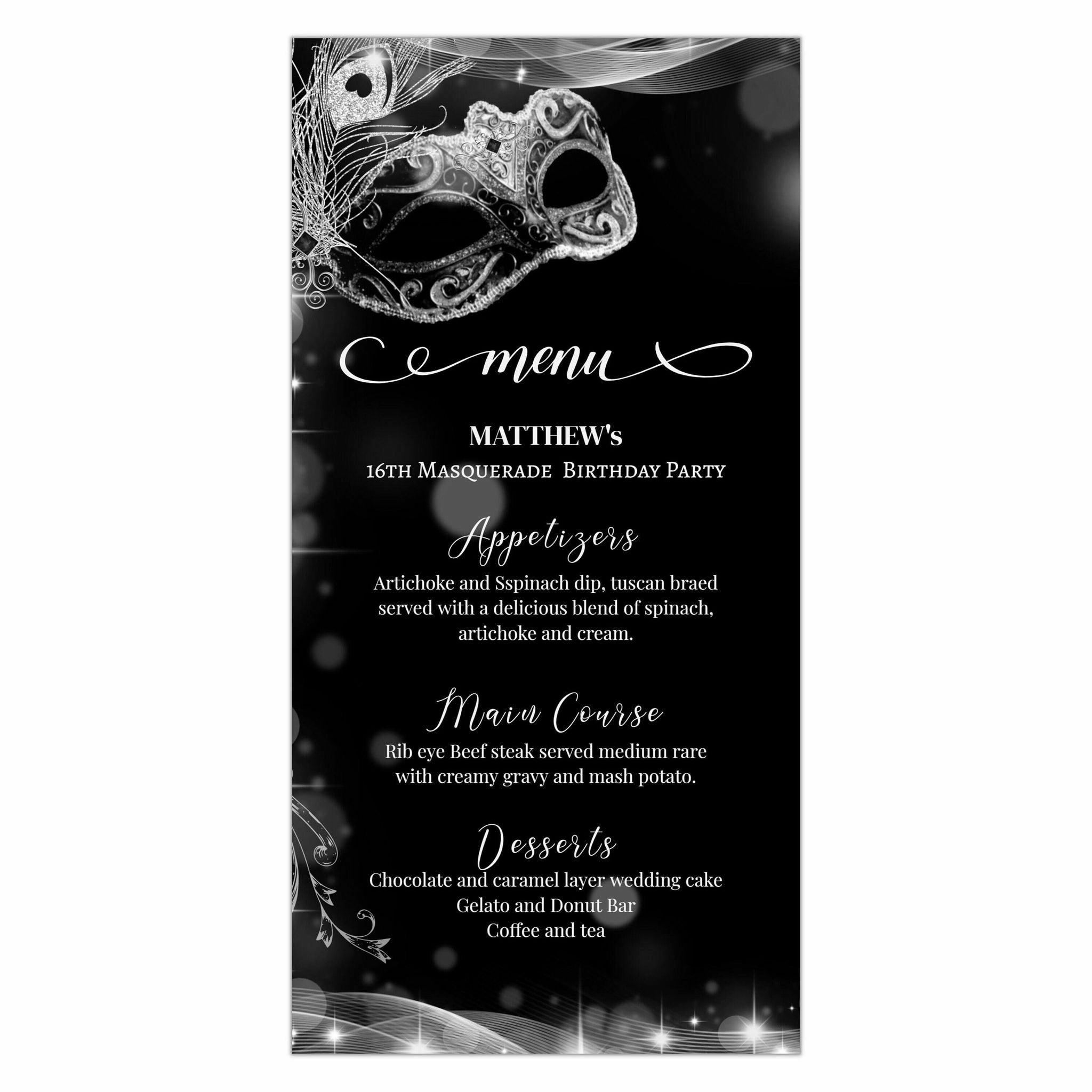 Black Silver Masquerade Theme Printable Menu Card, Editable Menu ...