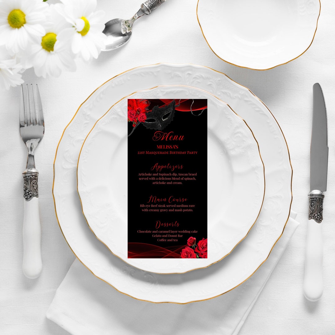 Menu Card Printable Black Red Masquerade Theme Template / Digital File ...