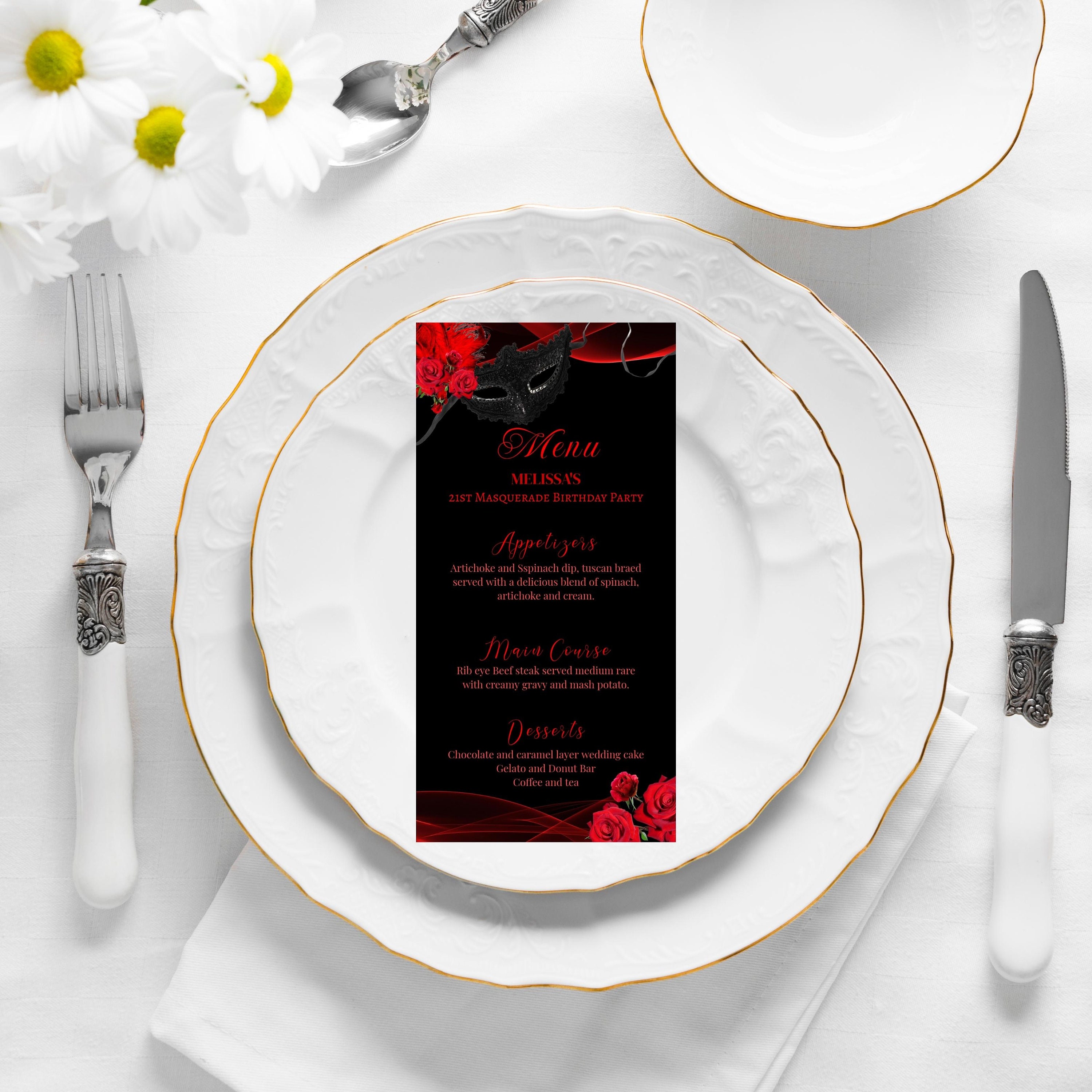 Menu Card Printable Black Red Masquerade Theme Template / Digital File ...