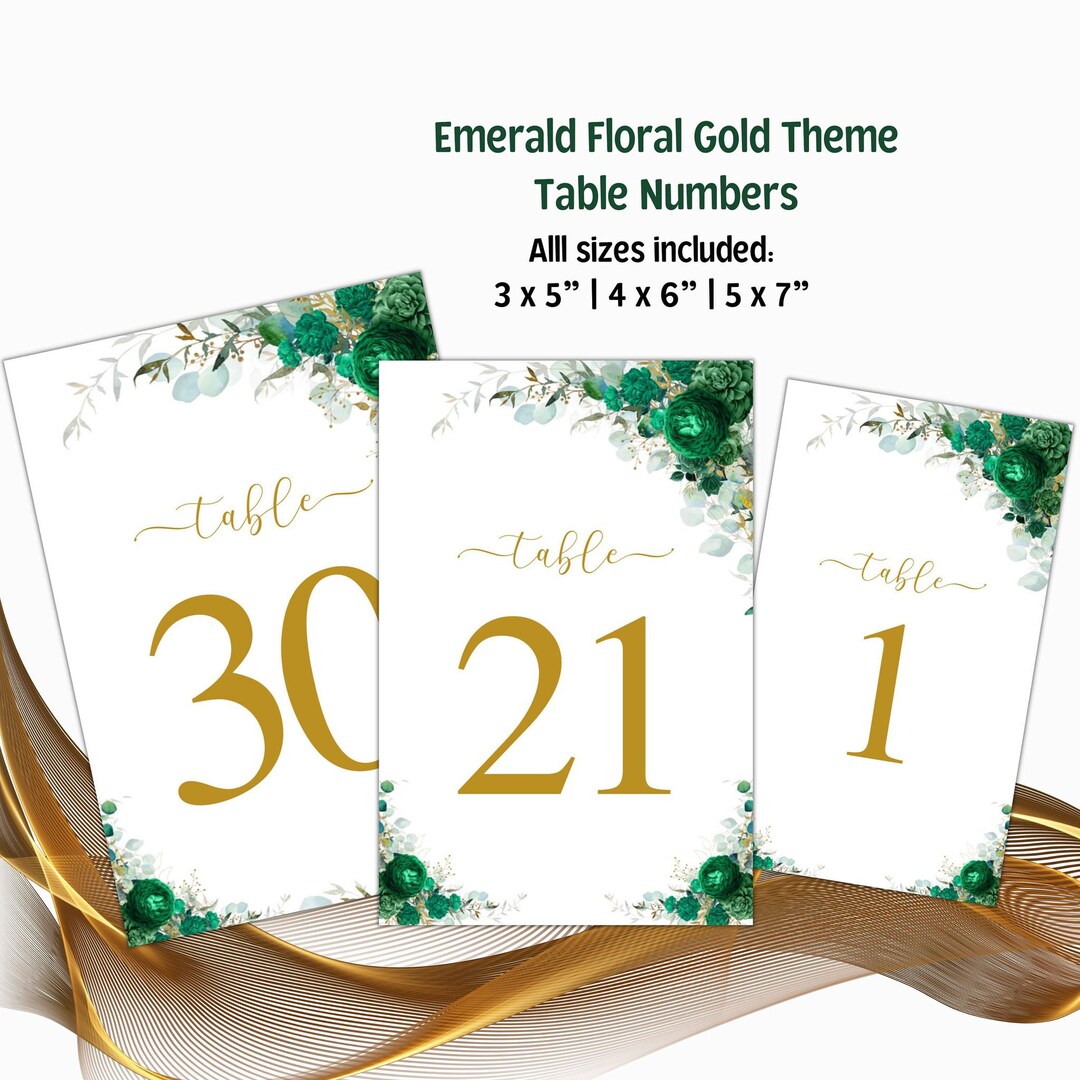 Printable Table Numbers Emerald Floral Gold Theme / Digital File ...