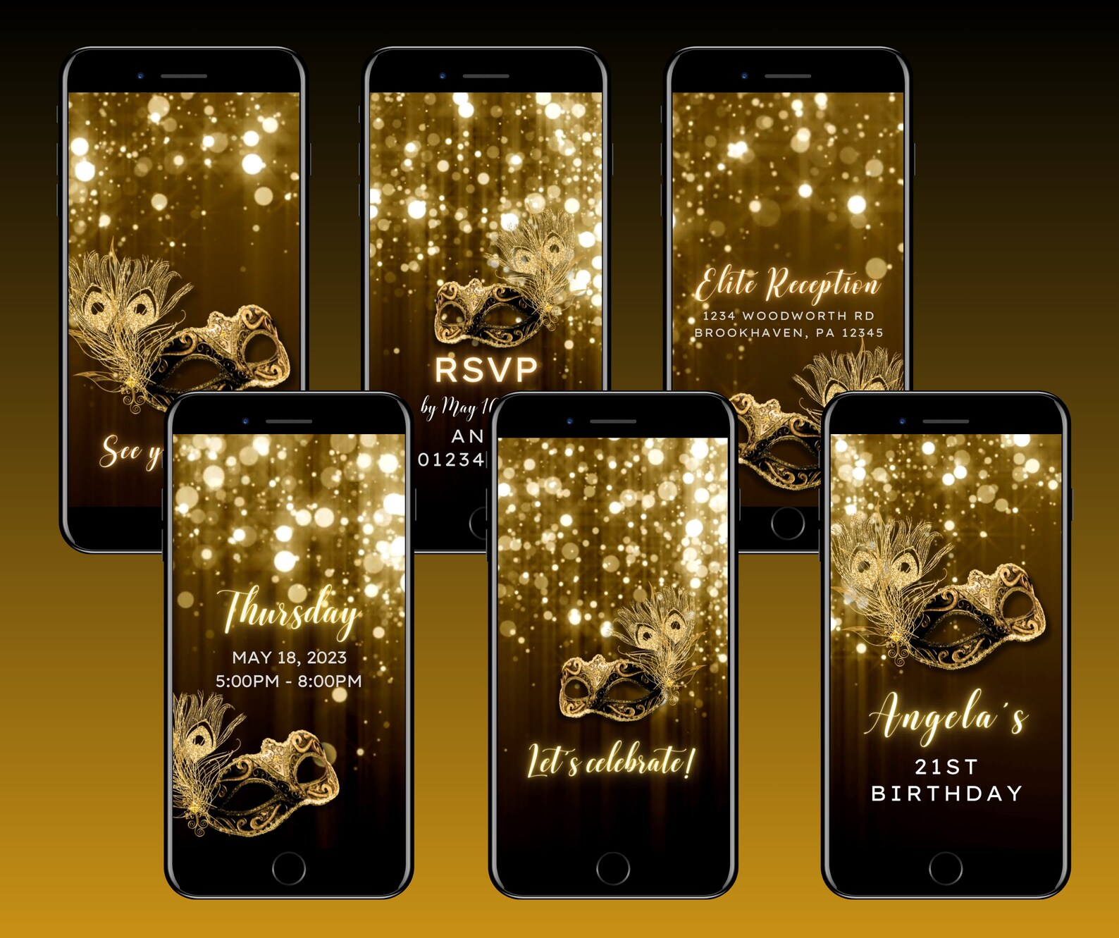 Animated Black Gold Masquerade Theme Birthday Party Video Invitation ...