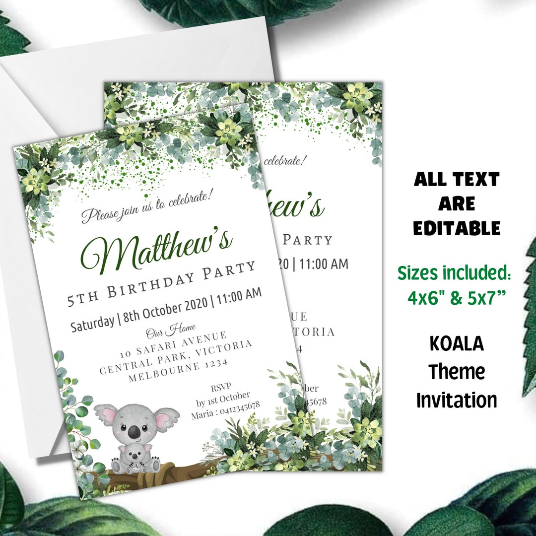 Koala Theme Editable Printable Invitation Template | Digital Download ...