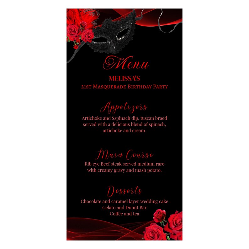 Menu Card Printable Black Red Masquerade Theme Template / Digital File ...