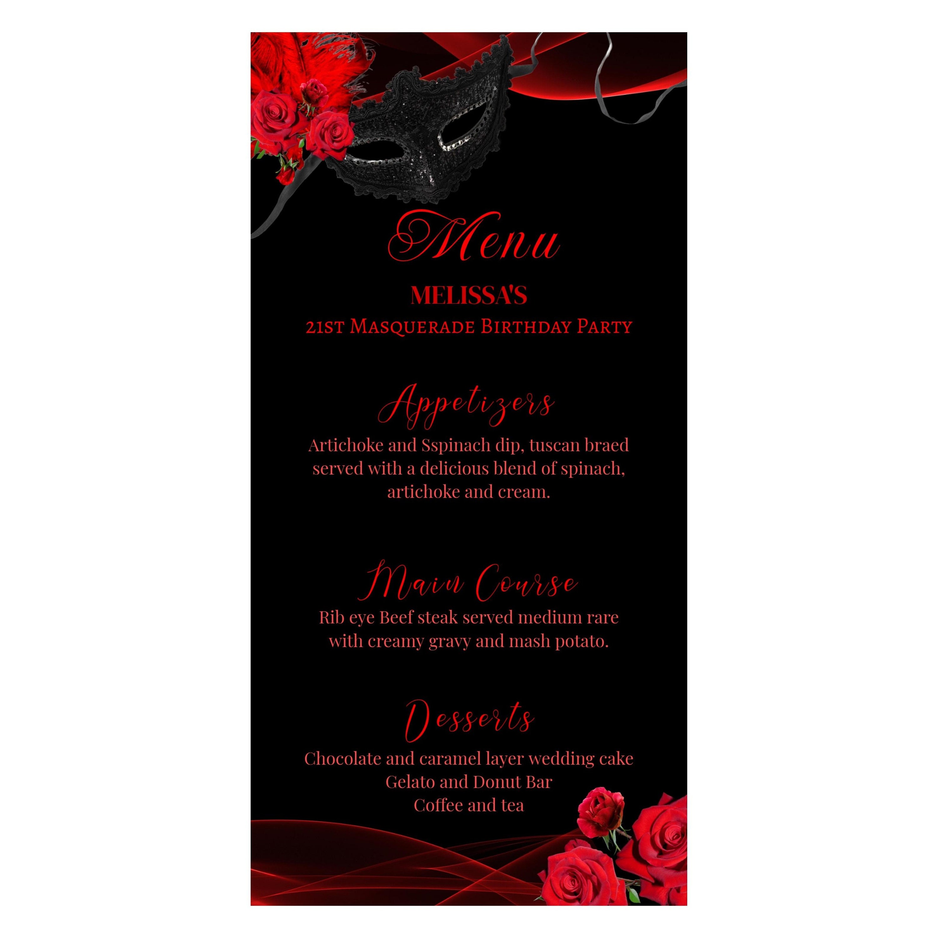 Menu Card Printable Black Red Masquerade Theme Template / Digital File ...