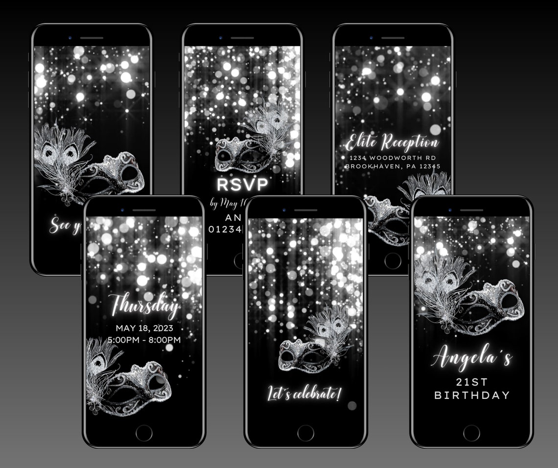 Animated Black Silver Masquerade Theme Birthday Party Video Invitation ...