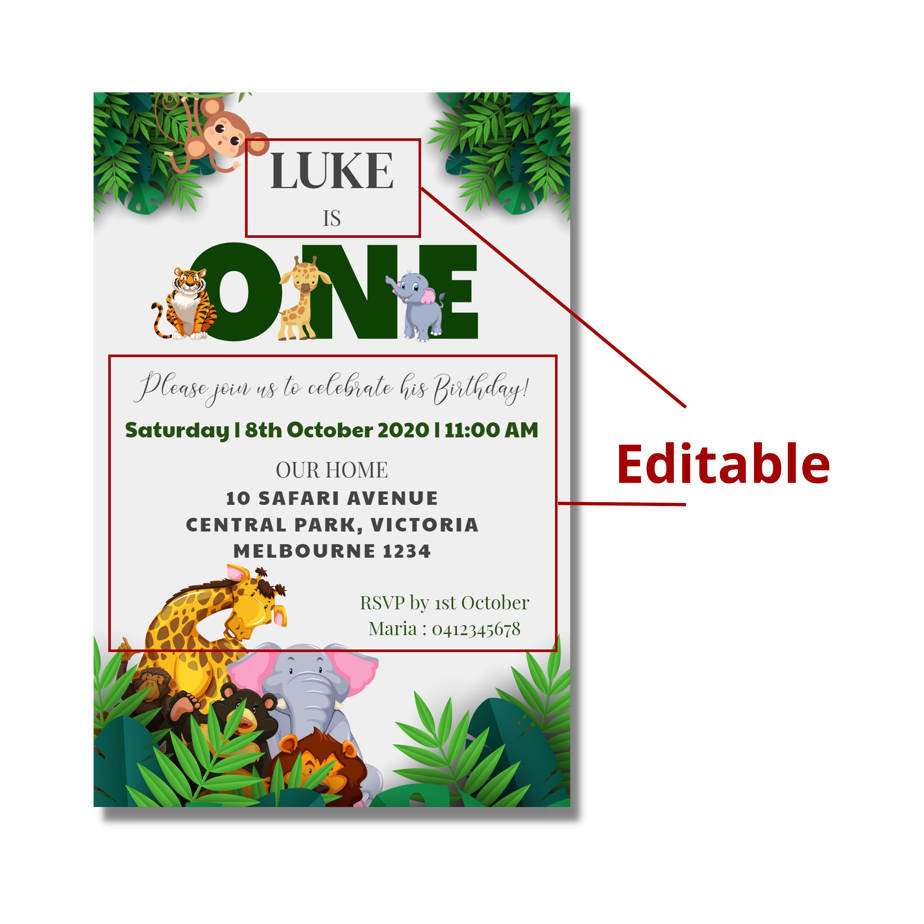 Jungle Theme Birthday Invitation | Editable Printable Template ...
