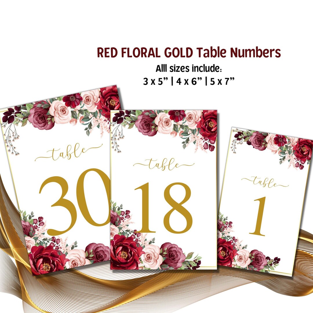 Printable Table Numbers Red Floral Gold Theme / Digital File / Digital ...