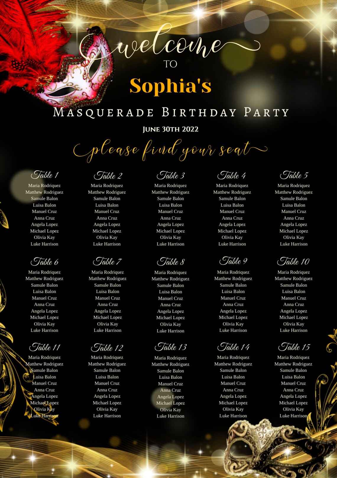 Editable Printable Black Gold Masquerade Birthday Party Table Seating ...