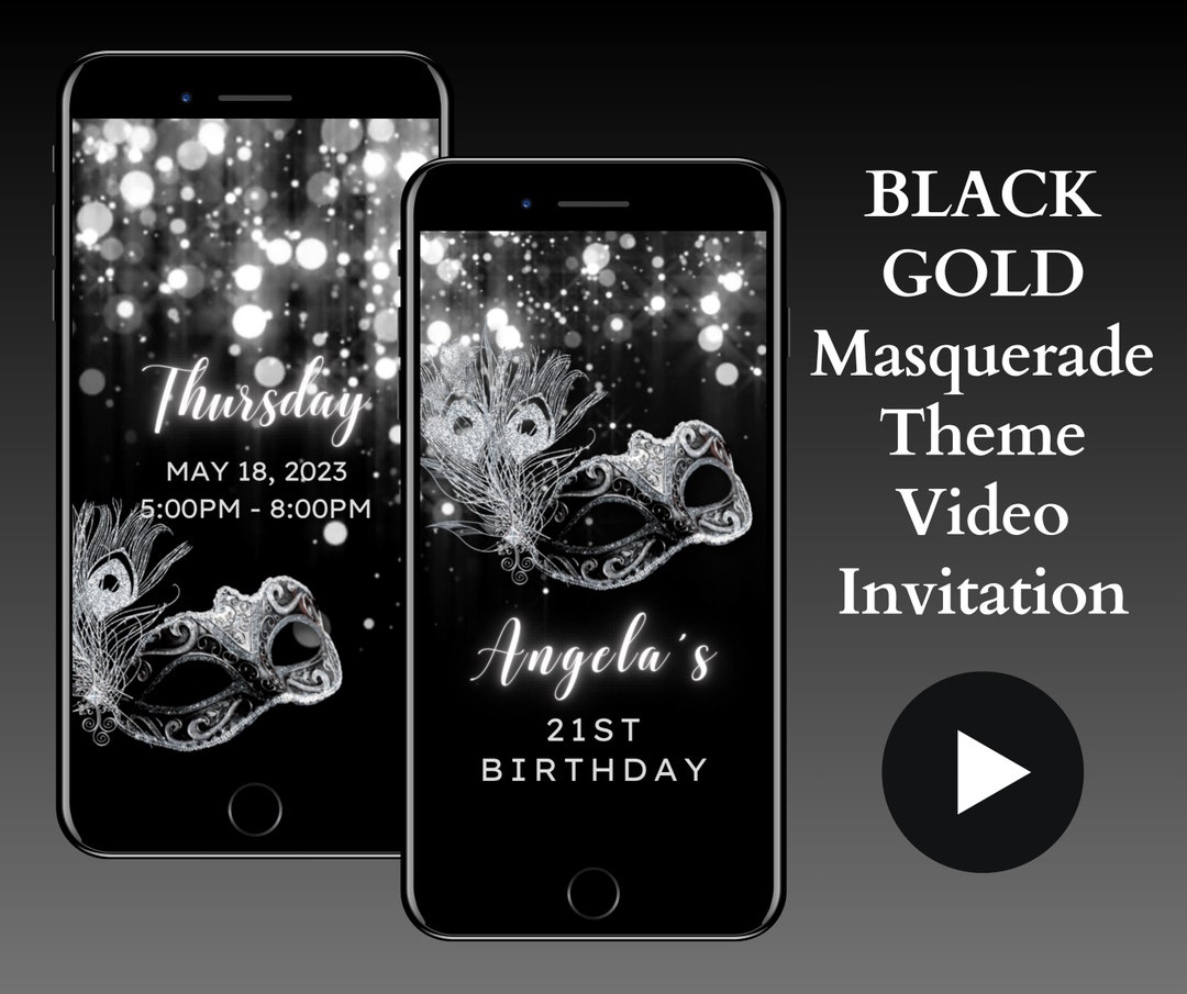 Animated Black Silver Masquerade Theme Birthday Party Video Invitation ...