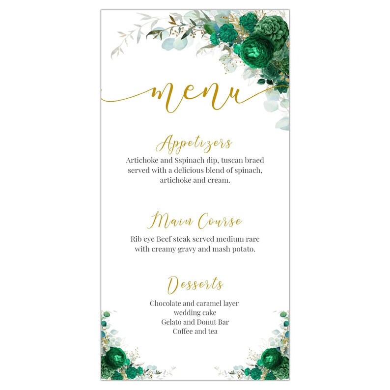 Menu Card Printable Emerald Green Floral Theme Template / Digital File ...