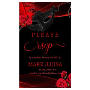 RSVP Card Printable Black Red Masquerade Theme Template / Digital File ...