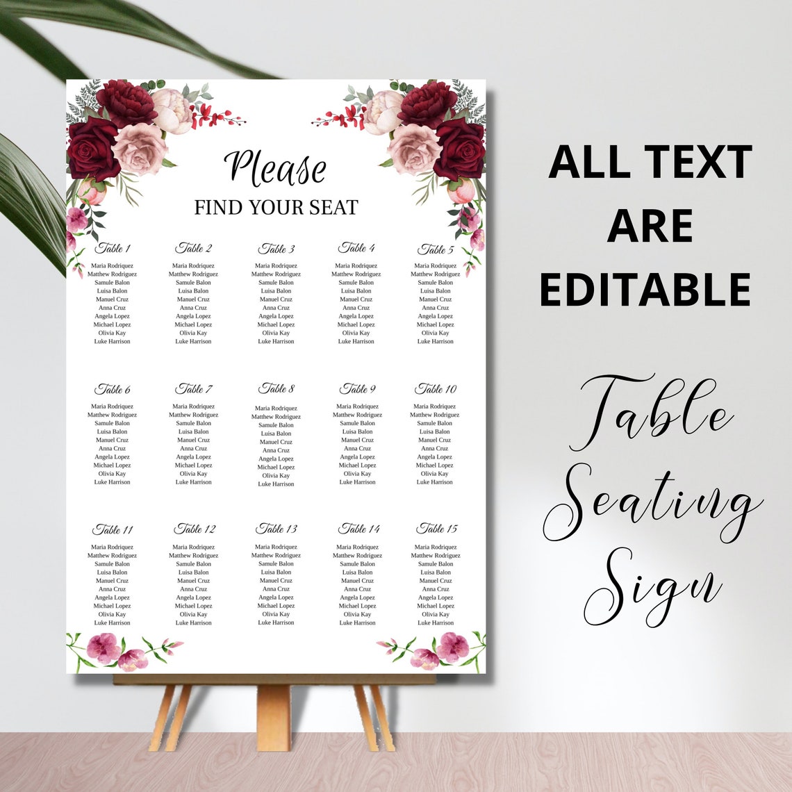 Burgundy Floral Table Seating Sign | Editable Printable Template ...