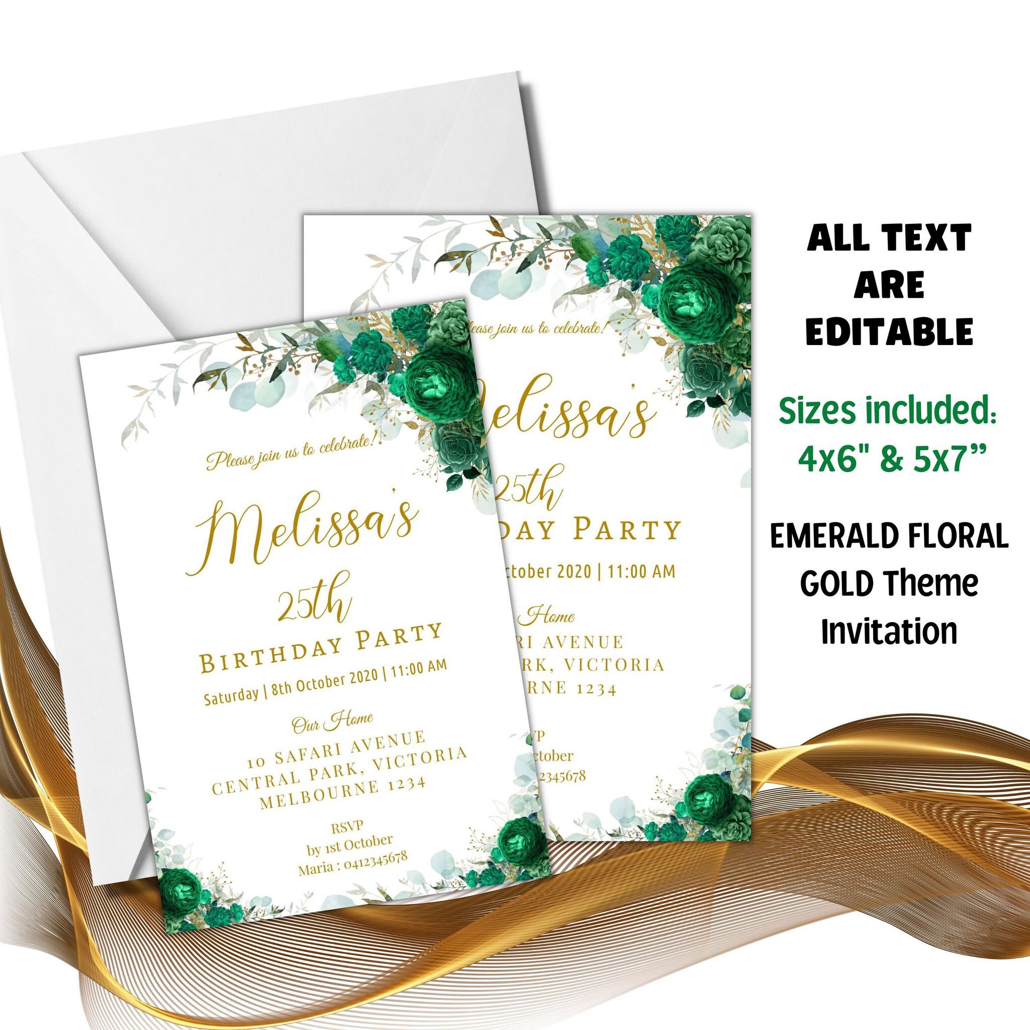 Printable Emerald Green Floral Theme Invitation Birthday Party ...