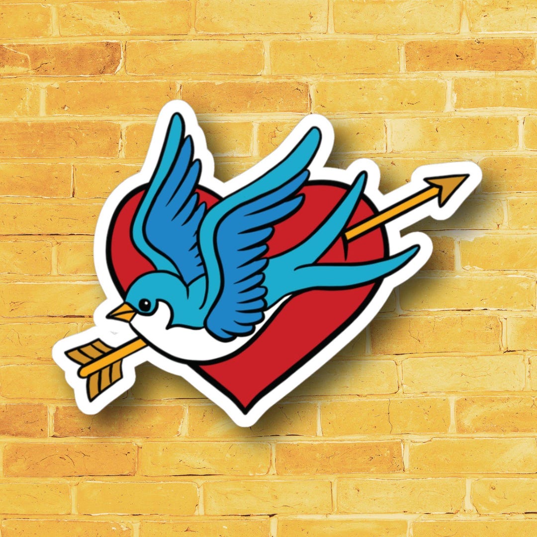 Sticker Set, Romantic Heart Arrow Sparrow Tattoo Style, Laptop Decals ...