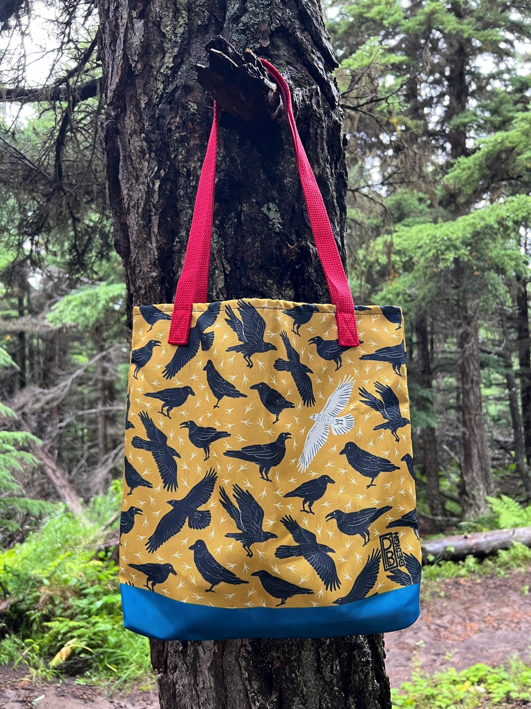 White Raven Tote Bag - Hand Drawn Design With Ravens - Yellow With Red ...