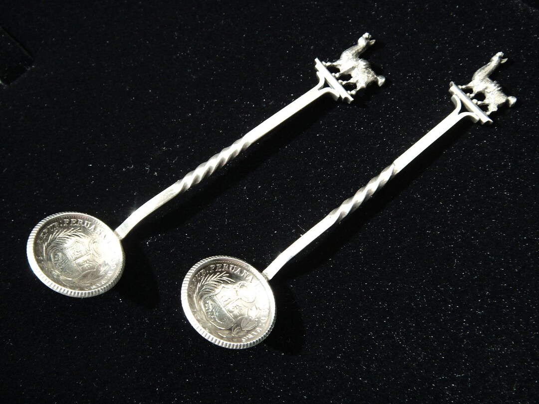 Antique Pair LIMA PERU Silver Coin Llama Salt Spoons X2 1/2 Dinero ...