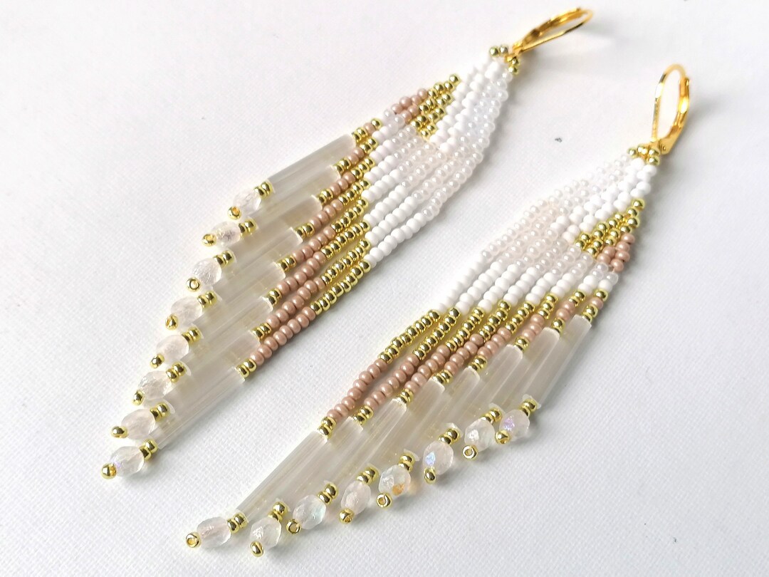 Pearl White Beaded Earrings-white Gold Beaded Earrings-white Fringe ...