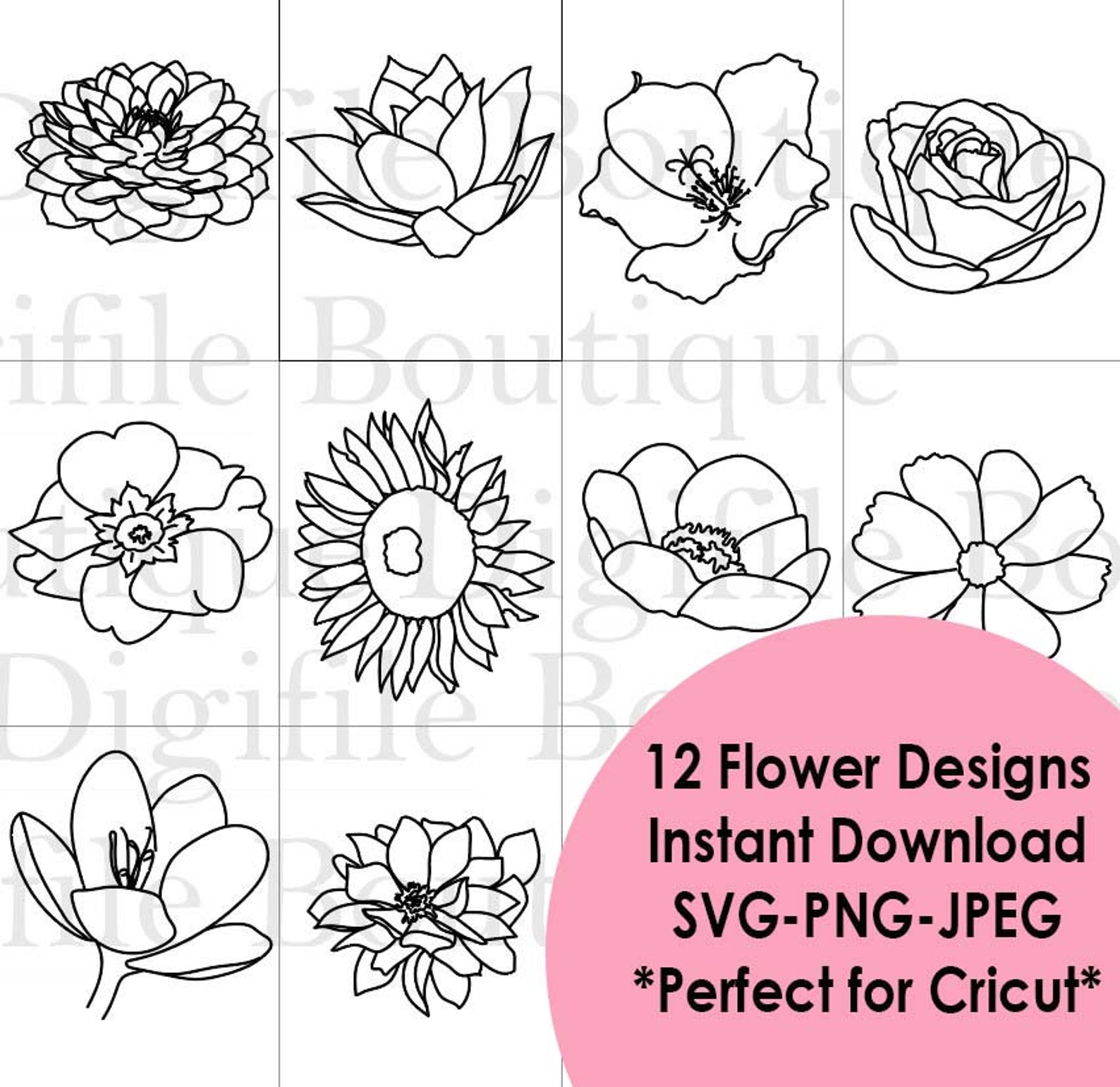 12 Flowers SVG File, Flowers SVG Cricut Cut Files, Flowers Clipart ...