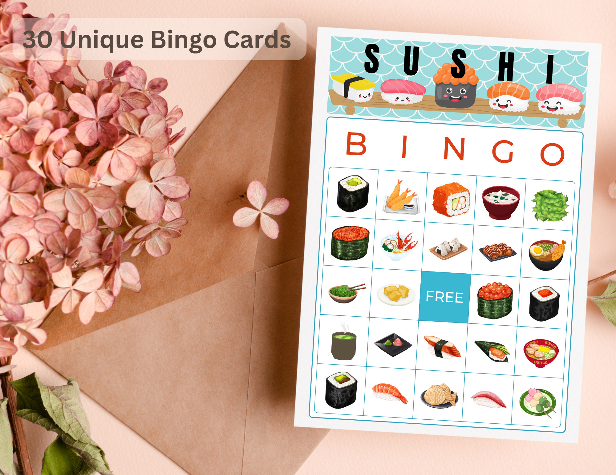 Sushi Party: 30 Printable Sushi Bingo Cards, Sushi Bingo Game, Sushi ...