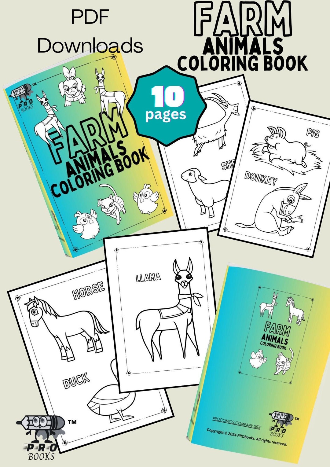 FARM ANIMALS Coloring Book, 10 Pages - Etsy