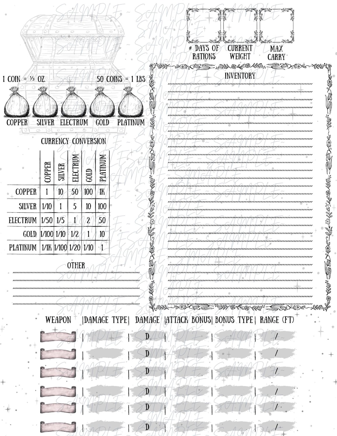 Dnd 5e Inventory and Weapons Tracker Sheet (PDF) - Etsy