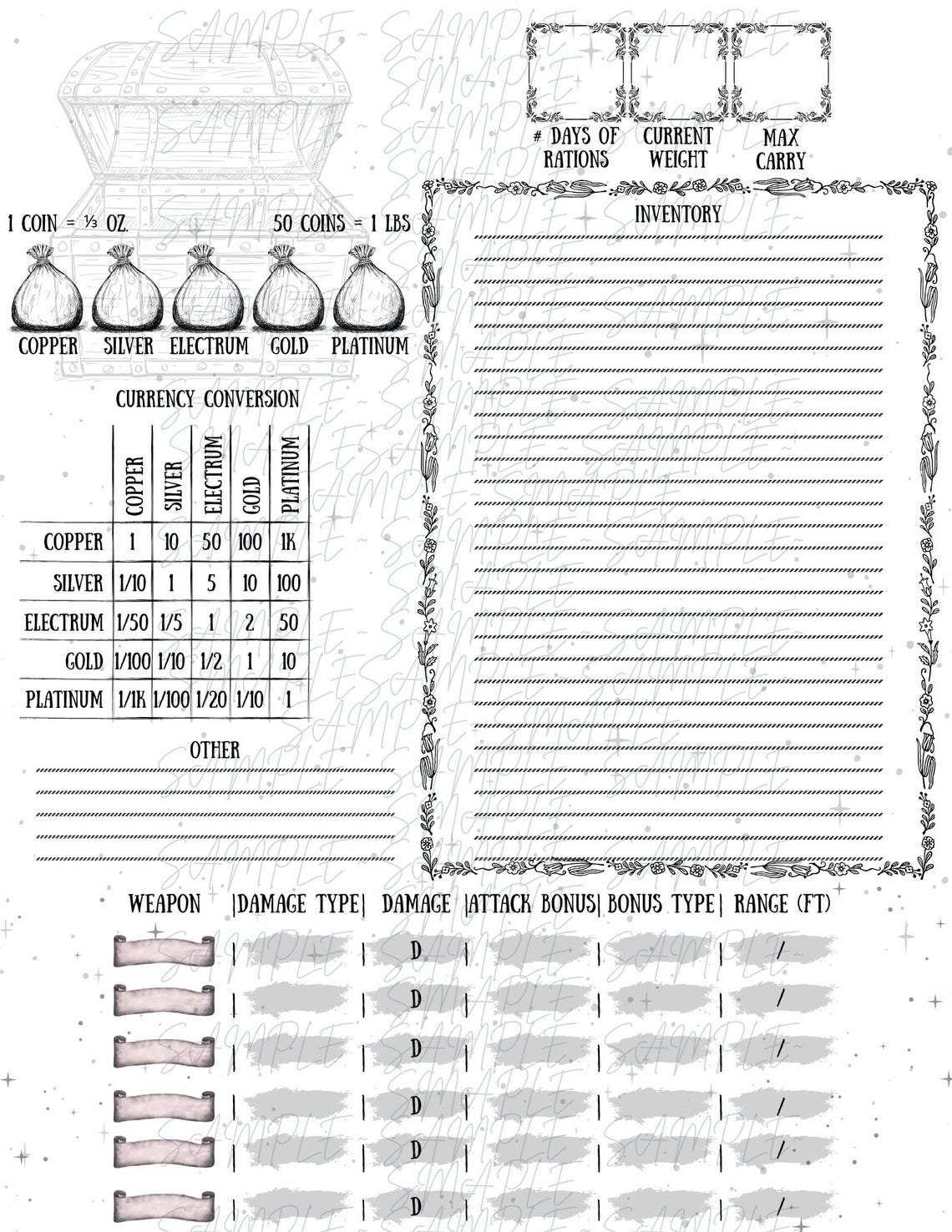 Dnd 5e Inventory and Weapons Tracker Sheet (PDF) - Etsy