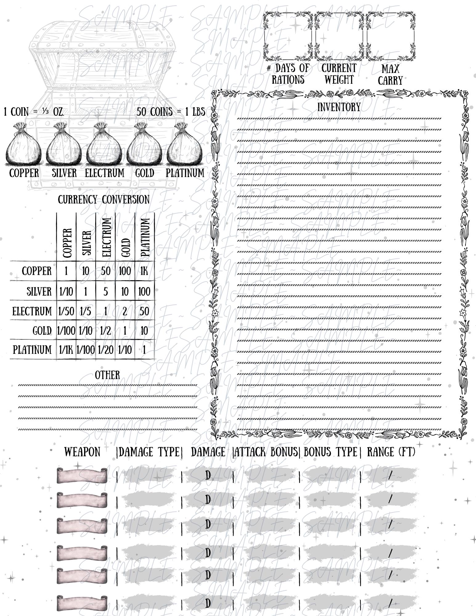 Dnd 5e Inventory and Weapons Tracker Sheet (PDF) - Etsy