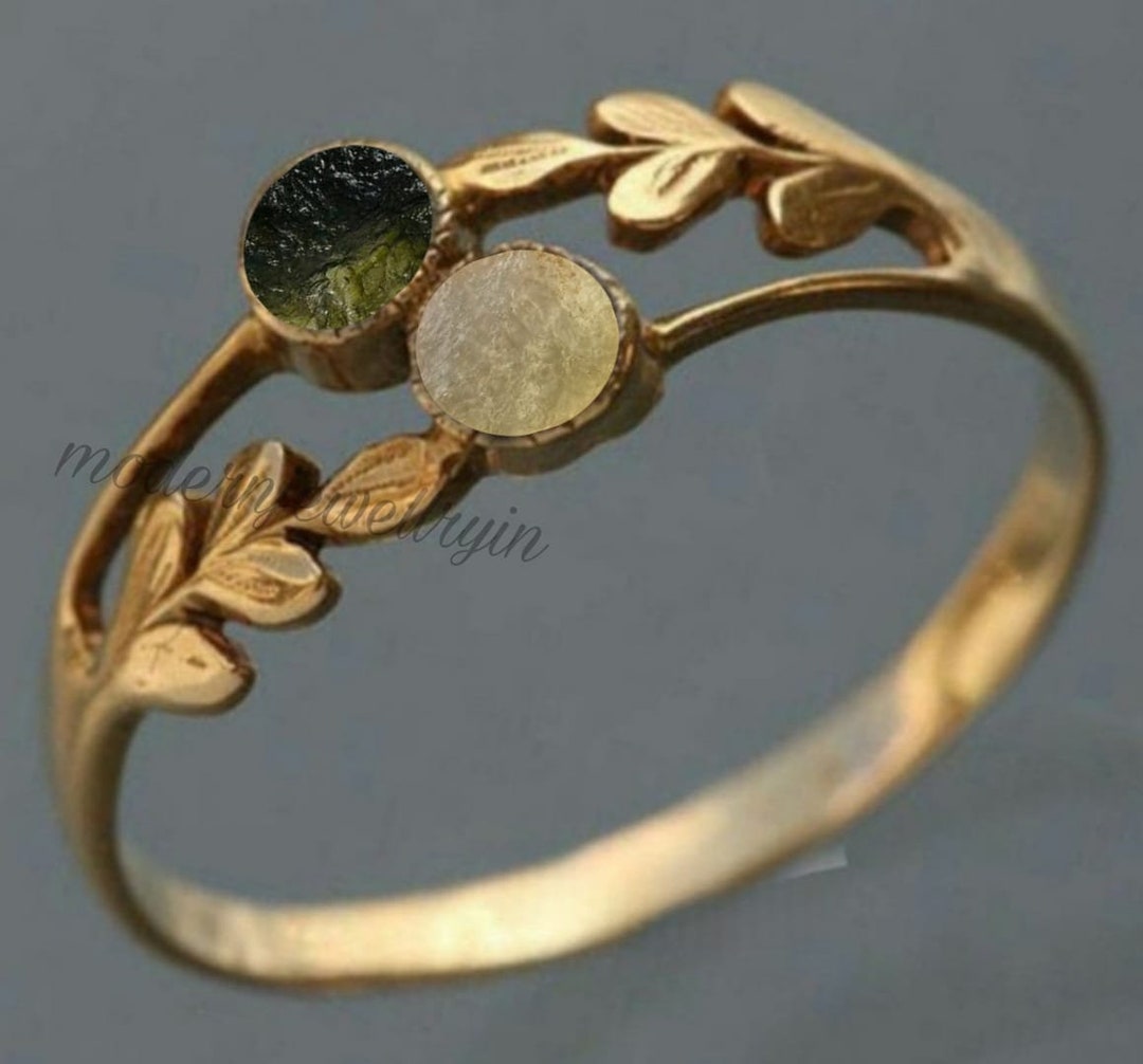 Natural Raw Moldavite With Libyan Desert Glass Ring | Mix Stone Ring ...