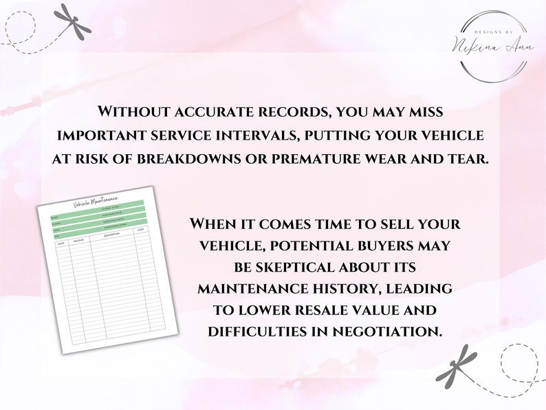 Vehicle Maintenance Log Car Maintenance Vehicle Service Record - Etsy