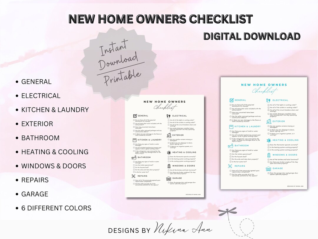 New Homeowners Checklist | New Home Purchase Checklist | Before Moving in Checklist | Instant ...
