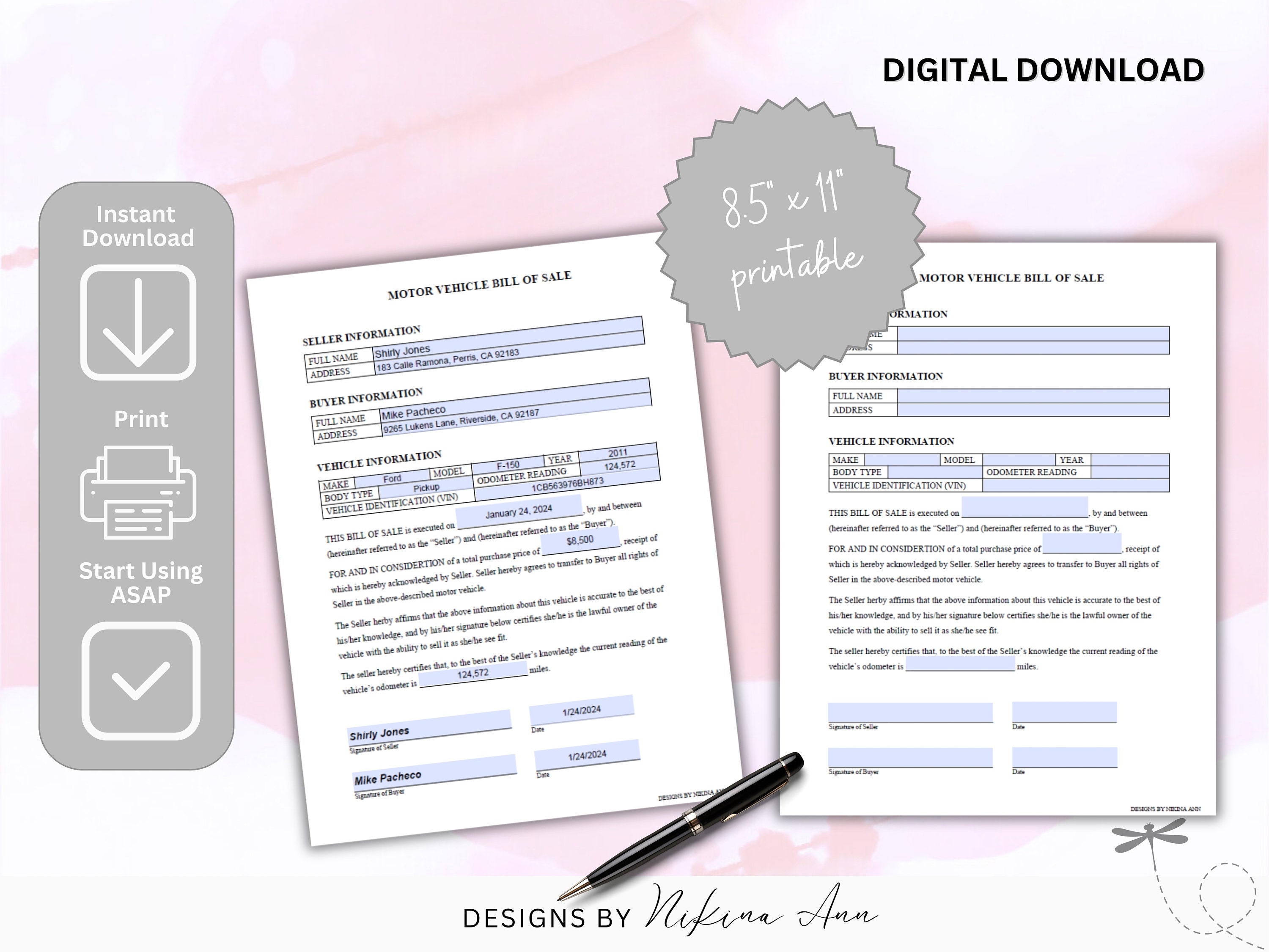 Motor Vehicle Bill of Sale Printable Form | Digital Car Bill of Sale ...