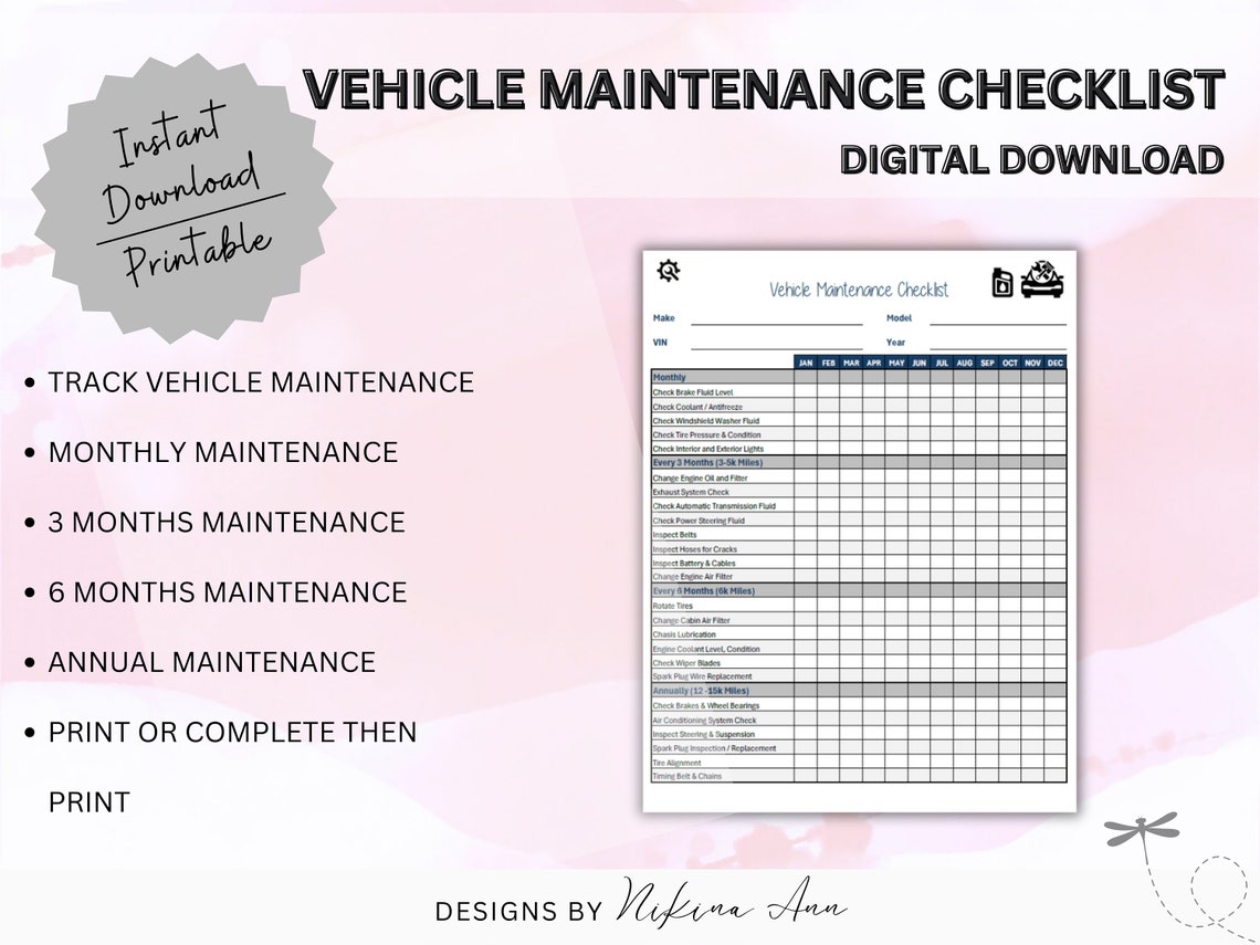Vehicle Maintenance Checklist Printable Vehicle Maintenance Tracker ...