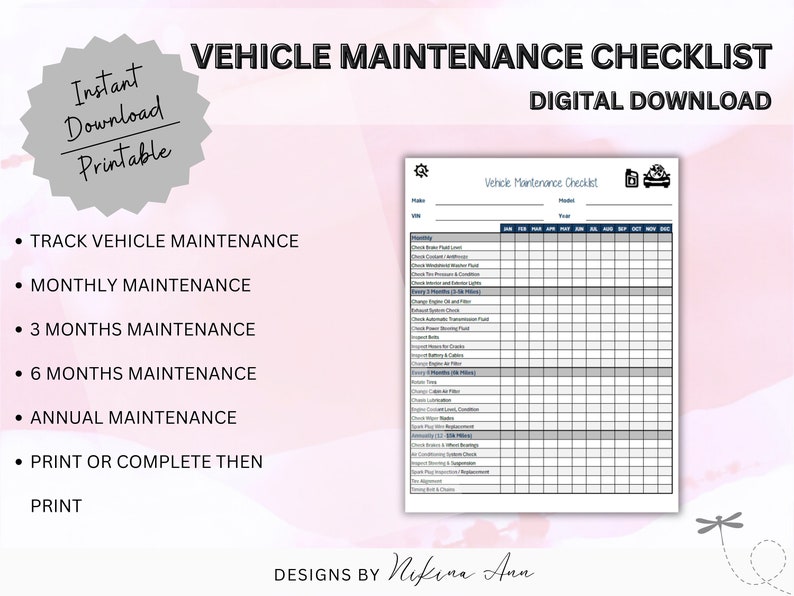 Vehicle Maintenance Checklist Printable Vehicle Maintenance Tracker ...