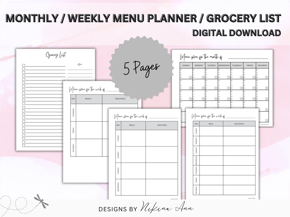 Monthly Menu Plan Template, Weekly Meal, Printable Breakfast, Lunch ...