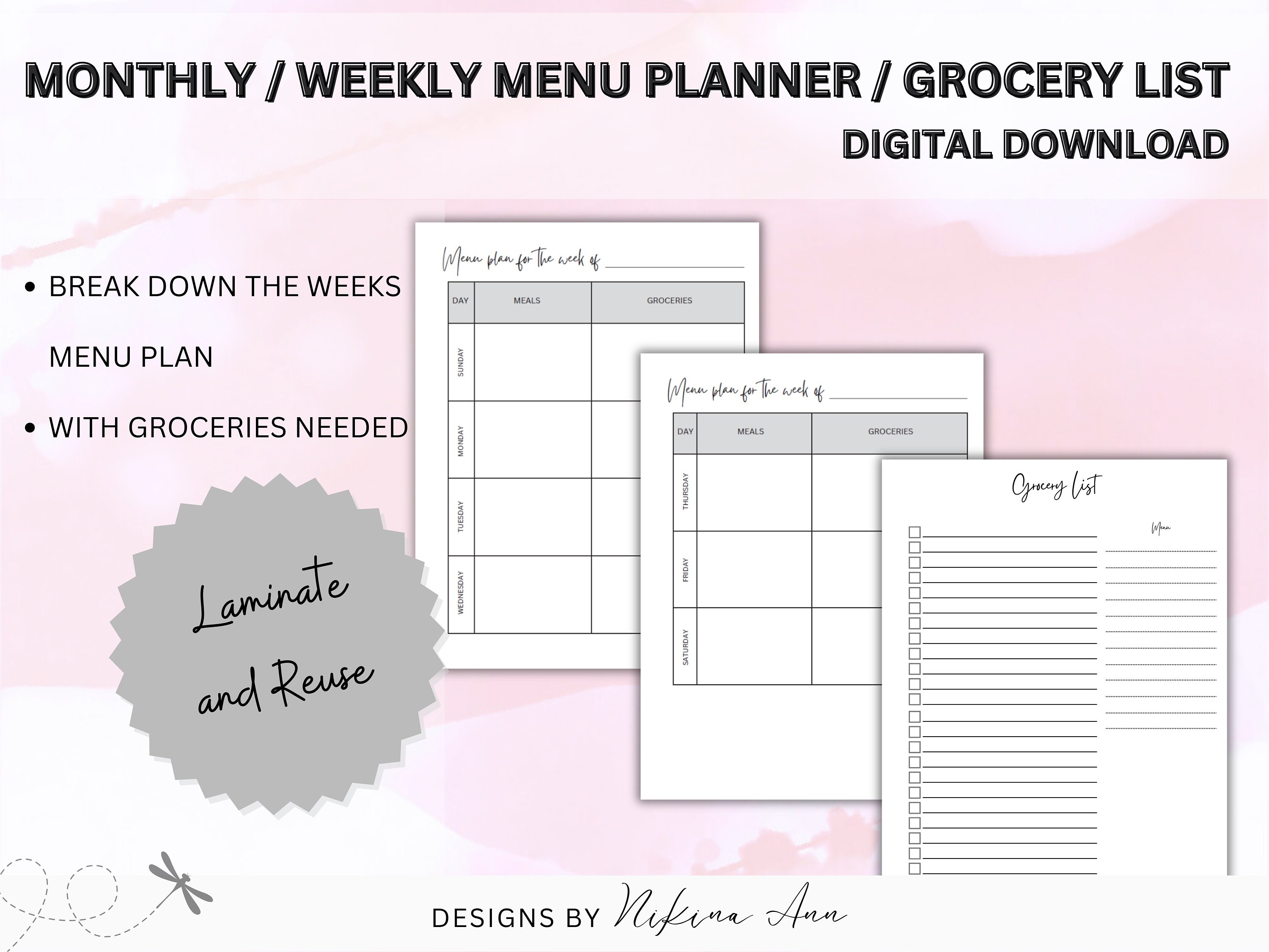 Monthly Menu Plan Template, Weekly Meal, Printable Breakfast, Lunch ...