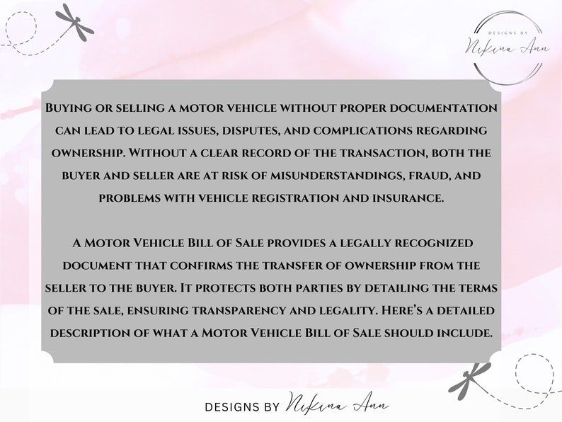 Motor Vehicle Bill of Sale Printable Form | Digital Car Bill of Sale ...