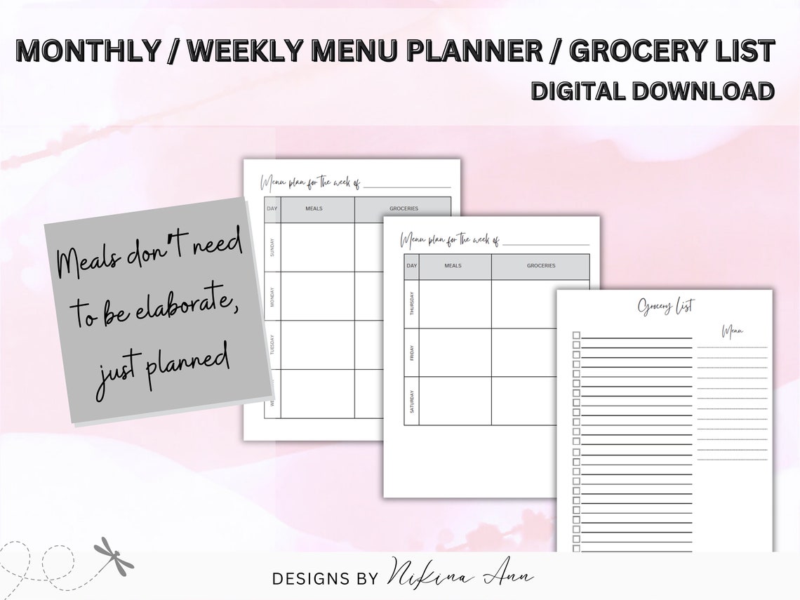 Monthly Menu Plan Template, Weekly Meal, Printable Breakfast, Lunch ...