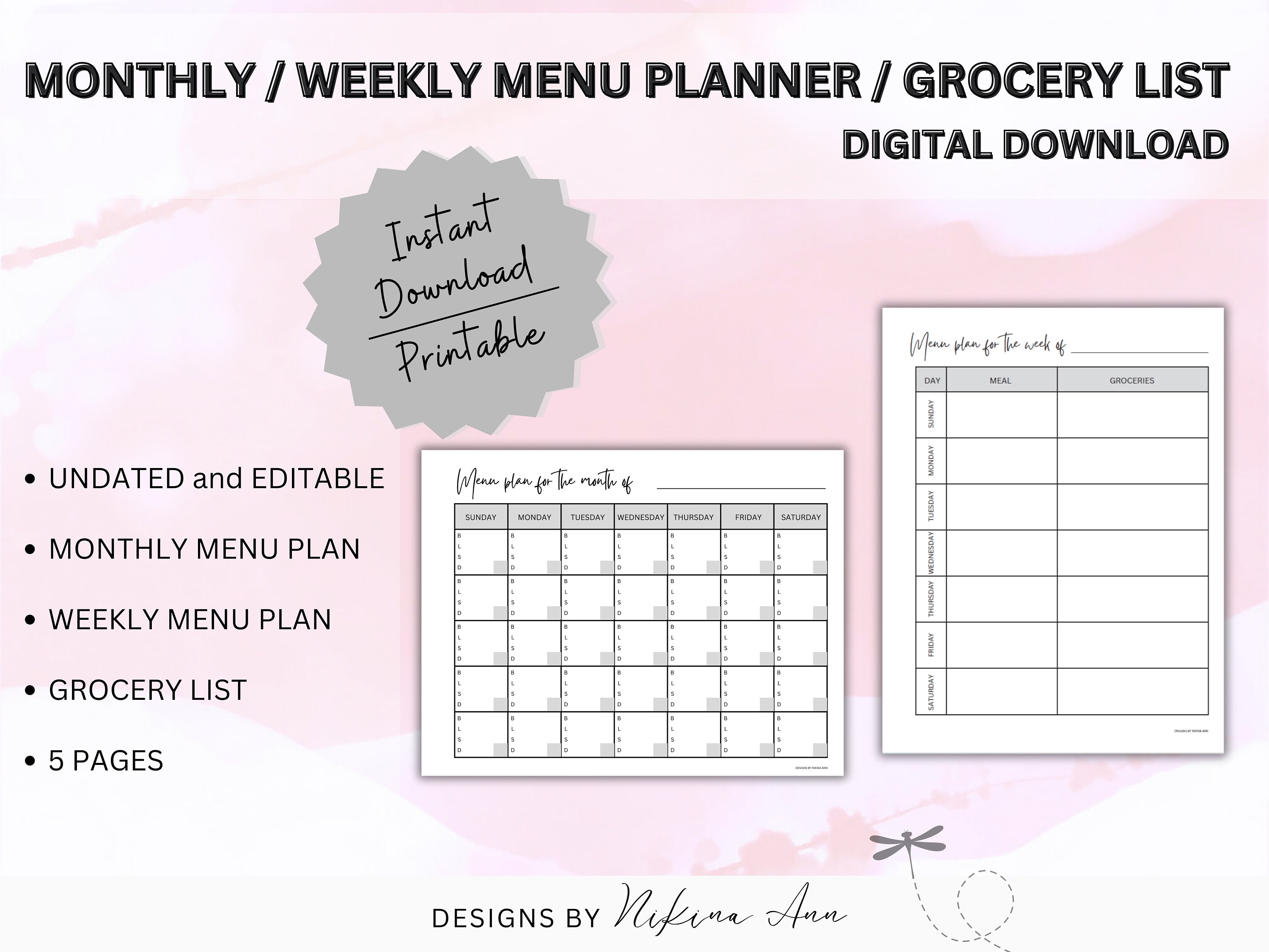 Monthly Menu Plan Template, Weekly Meal, Printable Breakfast, Lunch ...