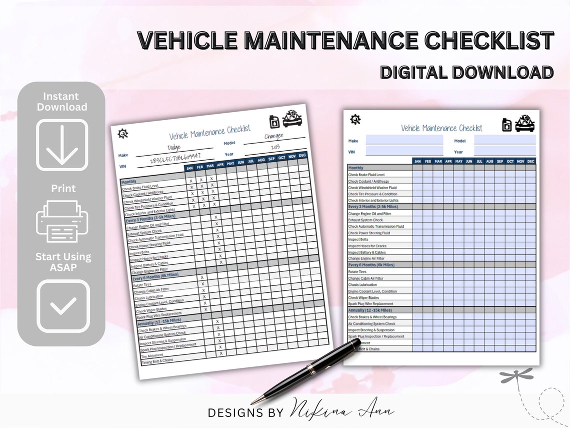 Vehicle Maintenance Checklist Printable Vehicle Maintenance Tracker ...