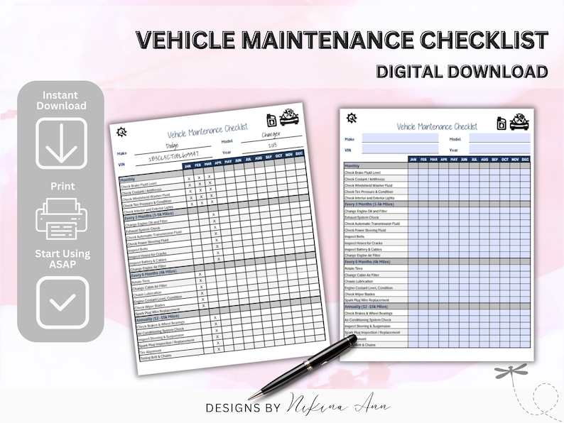 Vehicle Maintenance Checklist Printable Vehicle Maintenance Tracker ...