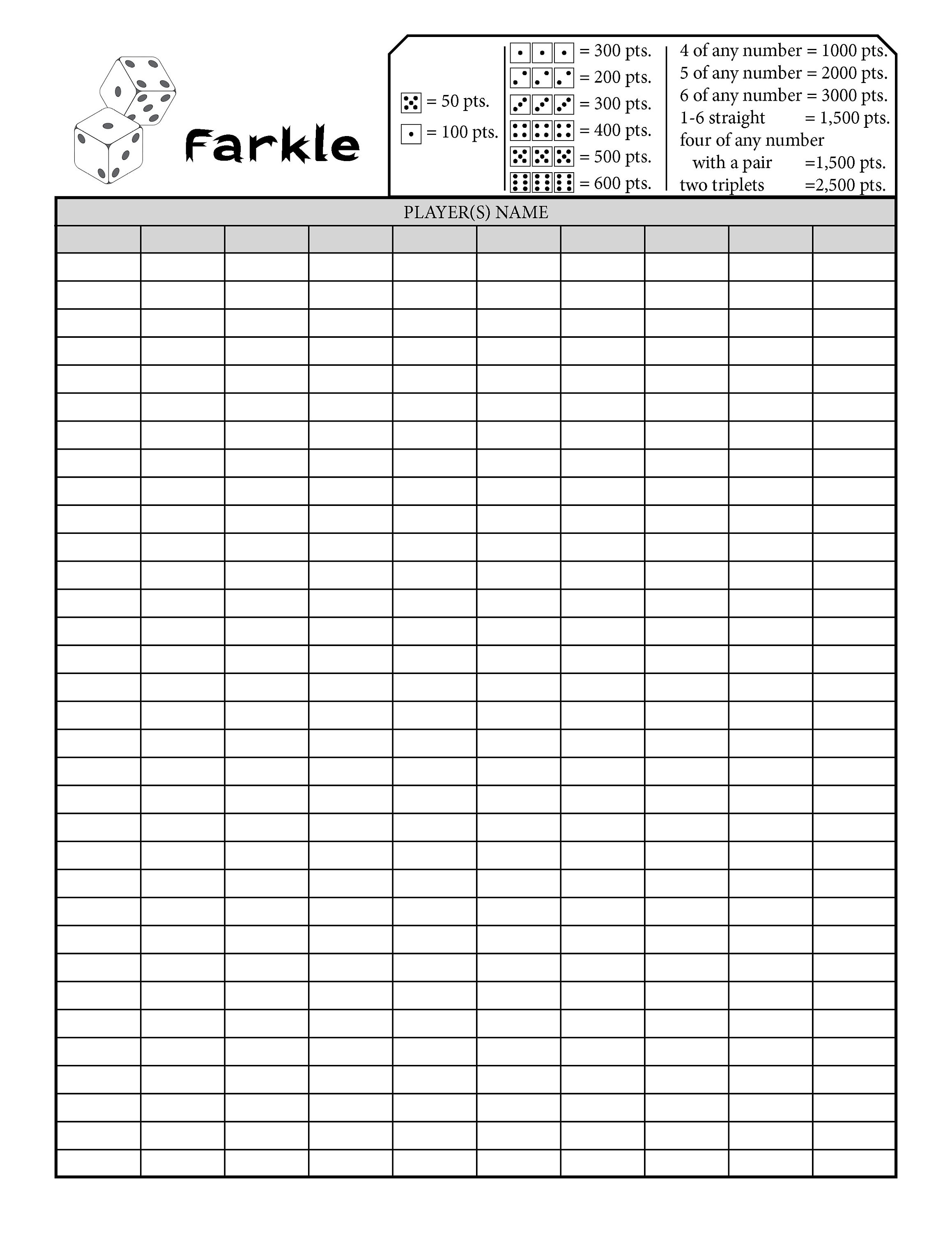 Farkle Game Sheet, Keep Score, Dice Game, Printable - Etsy